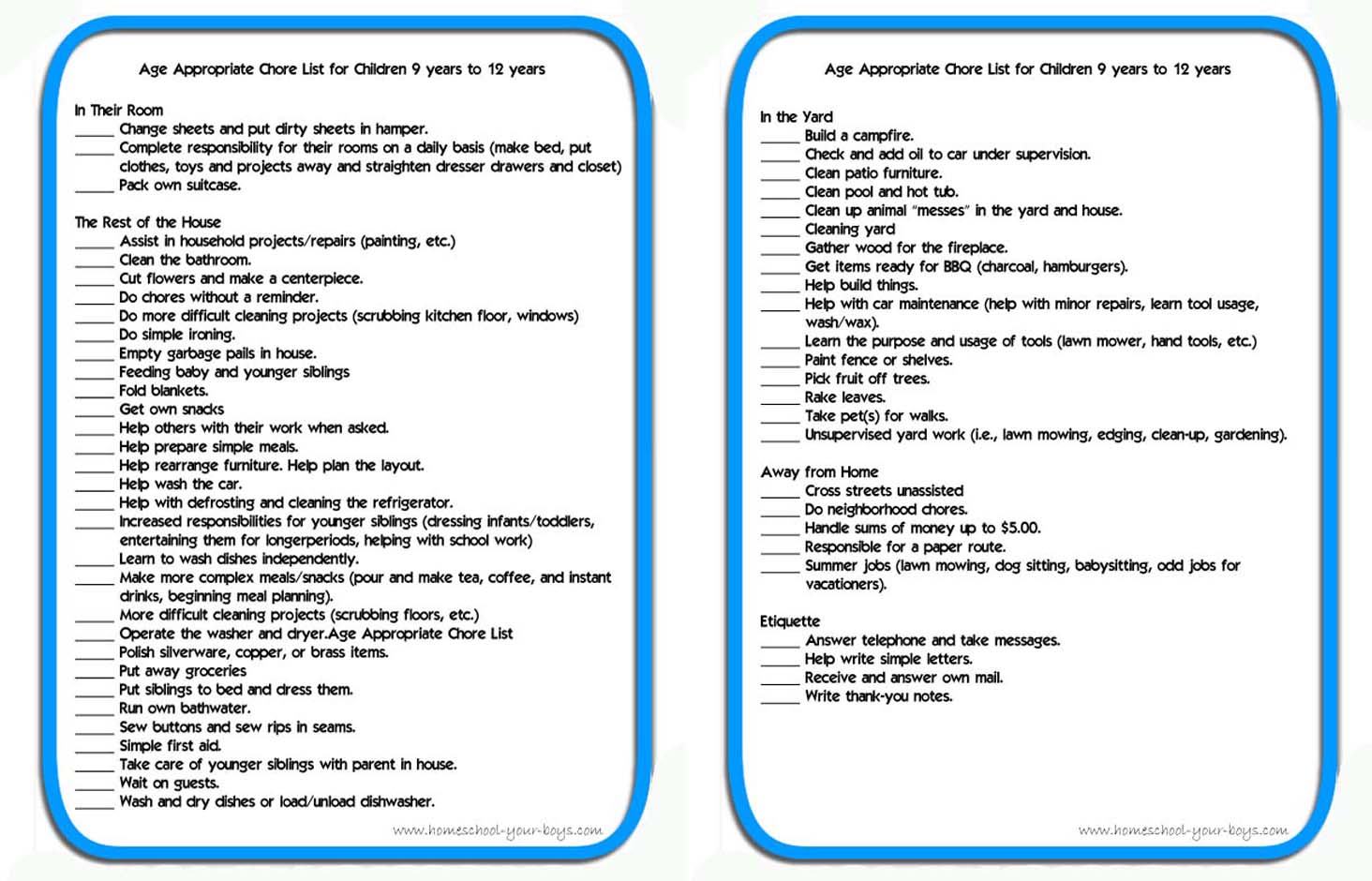 Age Appropriate Chore List For Children 9 Years To 12 Years